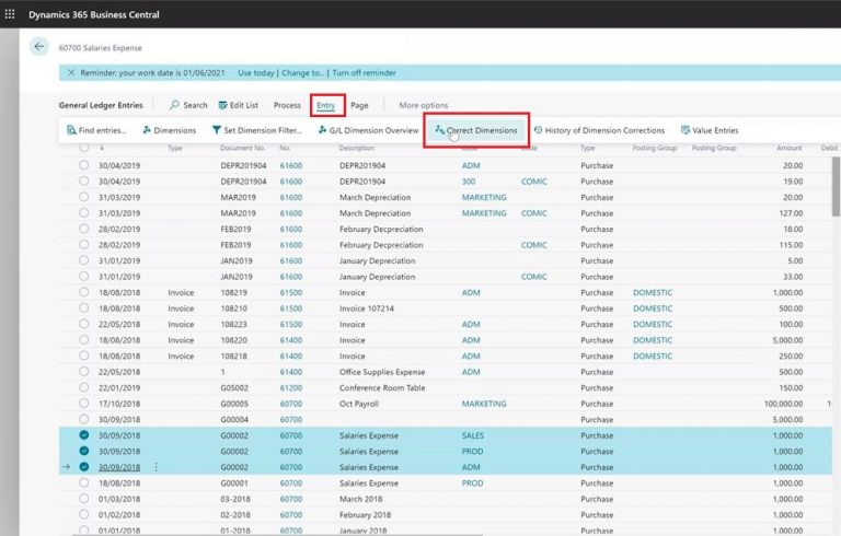 New Feature in Business Central 2021 Release: Dimension Corrections